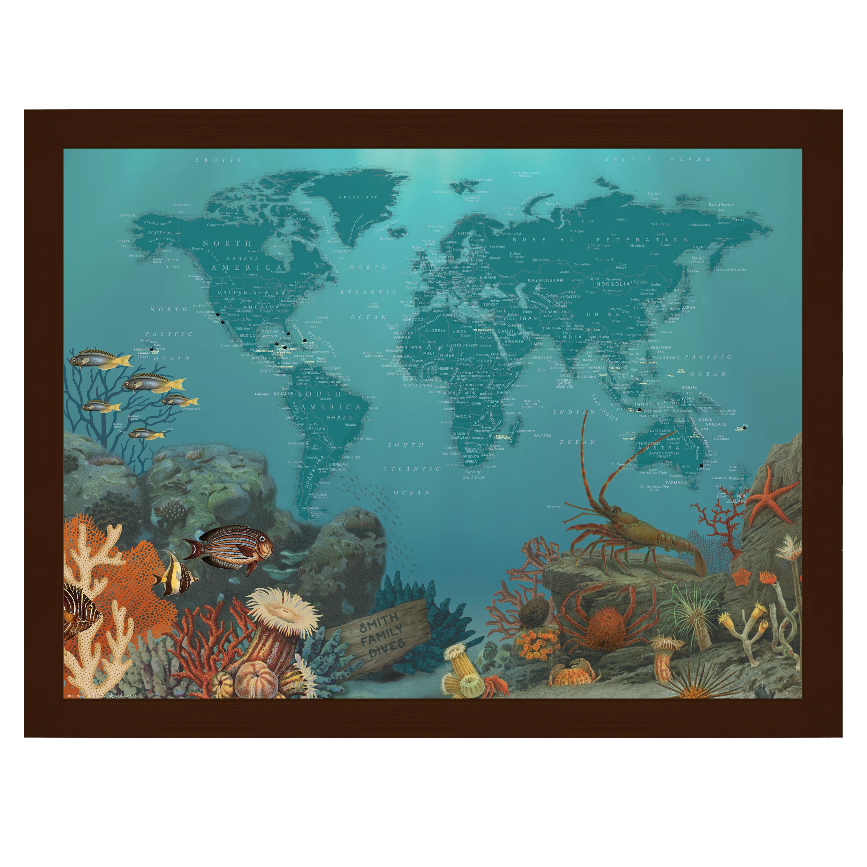 Scuba Diving Push Pin World Map | Wendy Gold Personalized Travel Maps