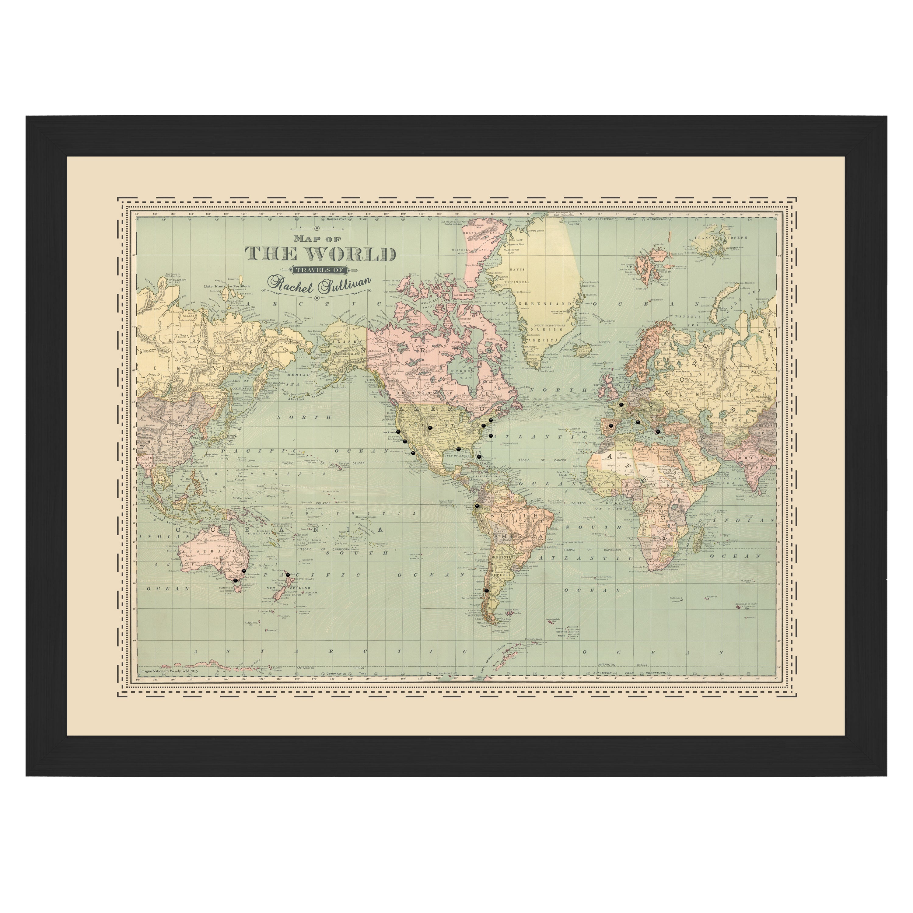 Personalized Vintage Map of the World Push Pin Map | Wendy Gold