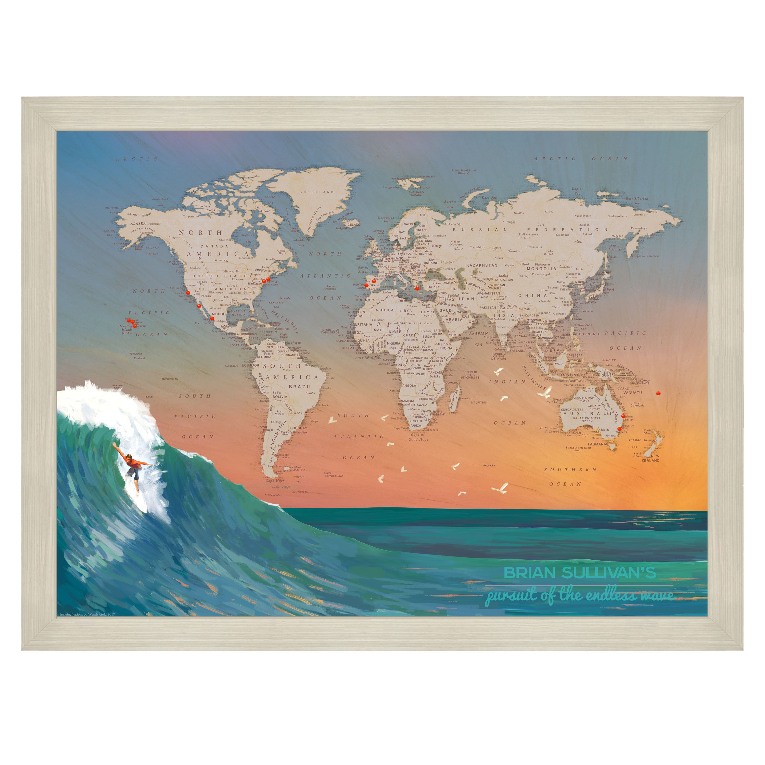 Surfing Travel Adventures Push Pin World Map | Wendy Gold